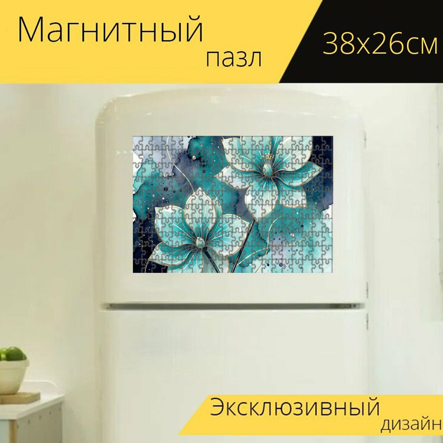 Магнитный пазл "Бирюзовые цветы на абстрактном фоне. Изящные крупные бутоны с золотым контуром на фоне акварельных переливов в бирюзовых, синих и черных." для интерьера, 38х26 см.