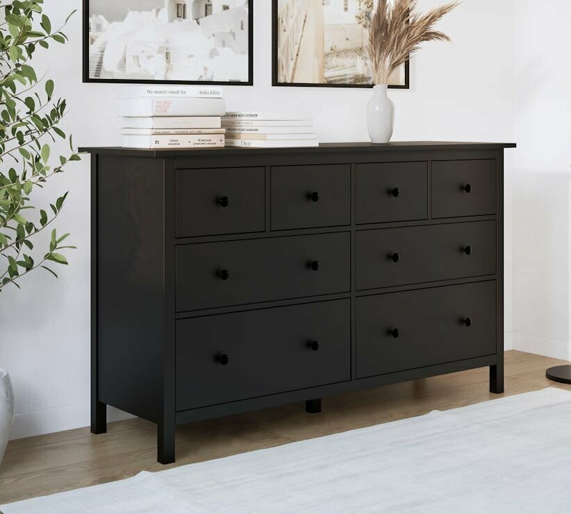 Комод 8 ящиков HEMNES Кымор, массив сосны, цвет черный, (икеа)