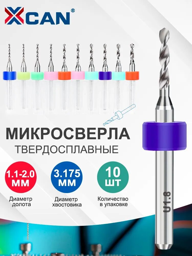 Набор сверл спиральных XCAN для печатных плат 1,1 - 2,0 мм, 10 шт.