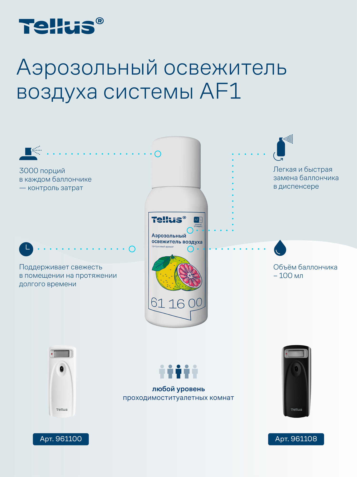 Аэрозольный освежитель воздуха Tellus, система AF1, цитрусовый аромат, 100 мл