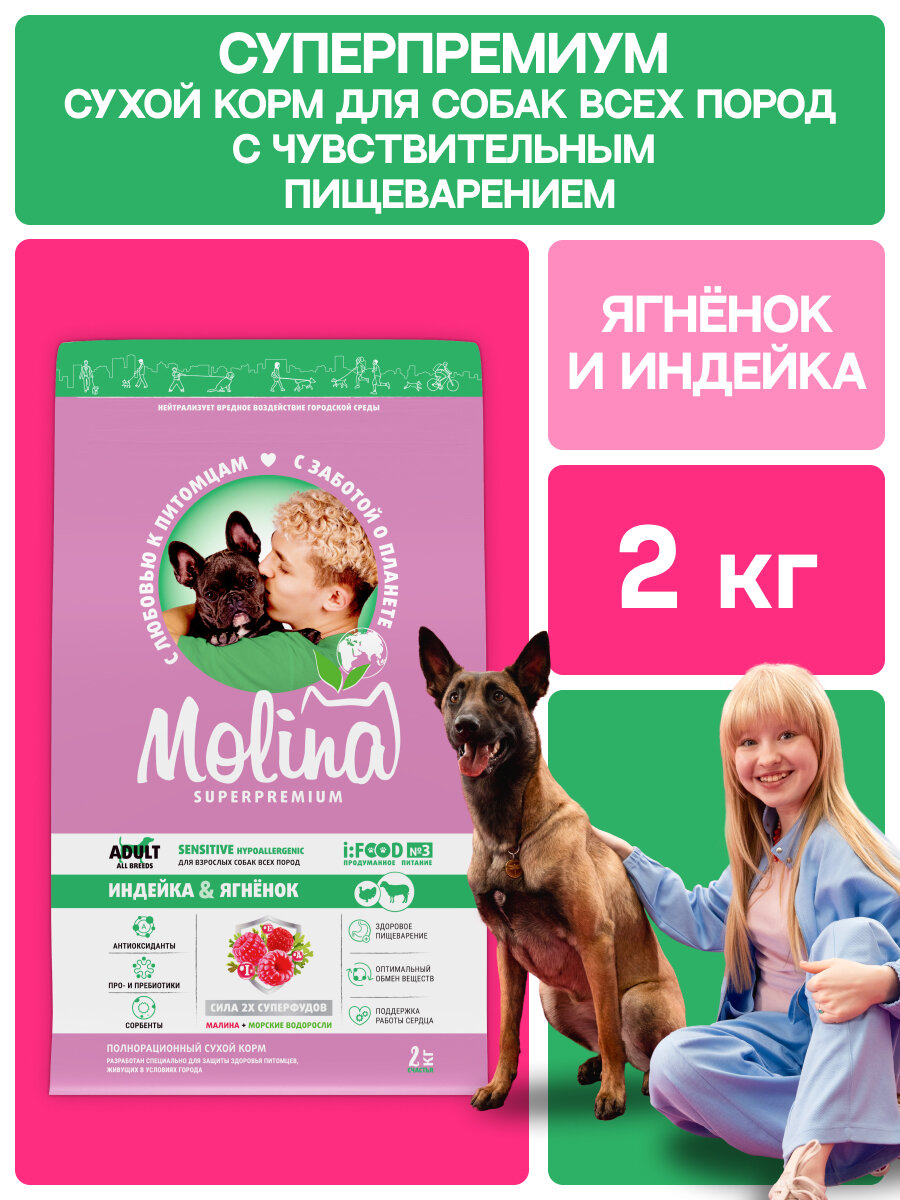 Сухой корм для собак всех пород с чувствительного пищеварения с индейкой и ягненком , 2кг MOLINA