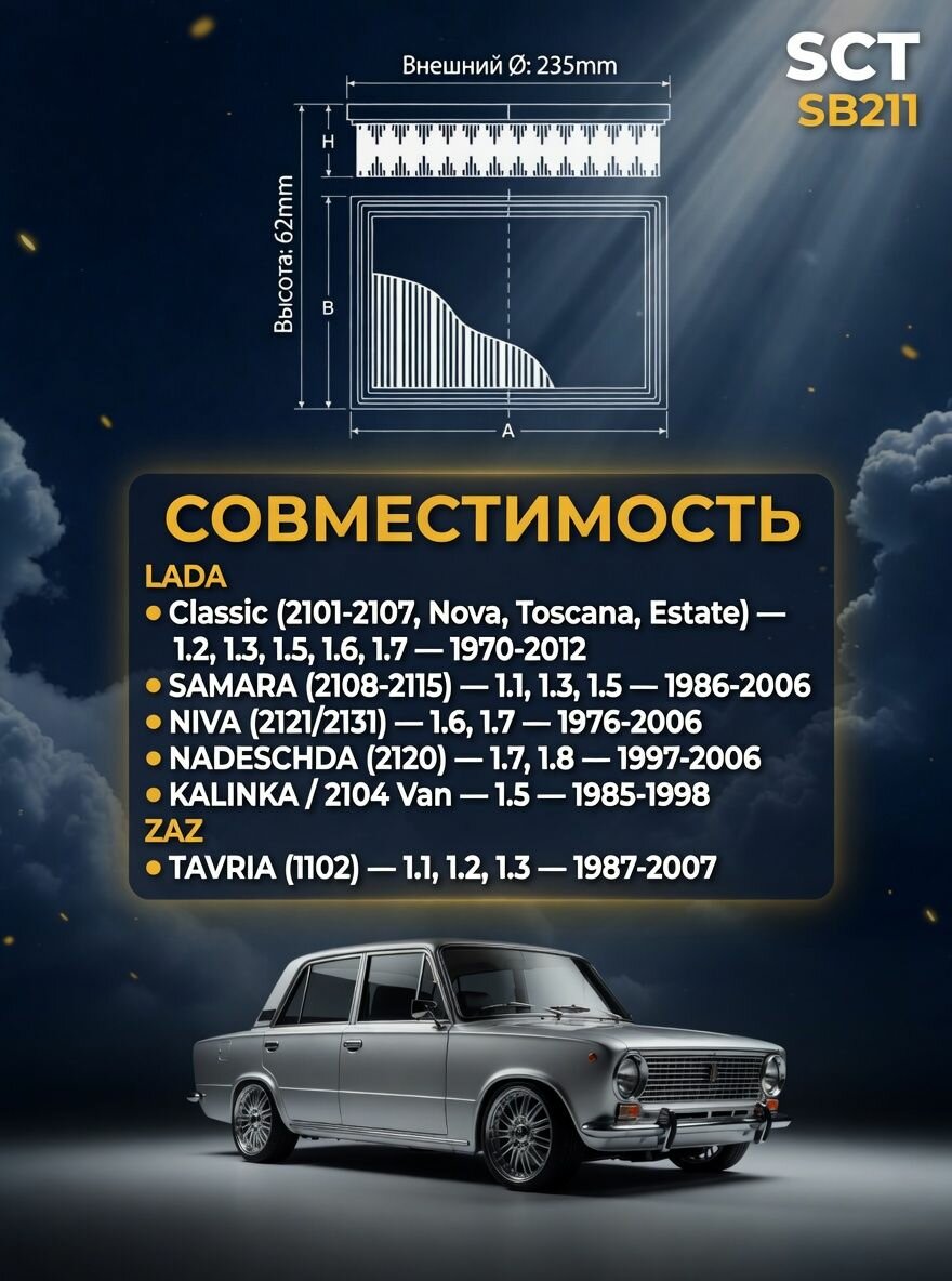 Фильтр воздушный для ВАЗ 2101-2107, Нива, Ока, Москвич SCT sb211
