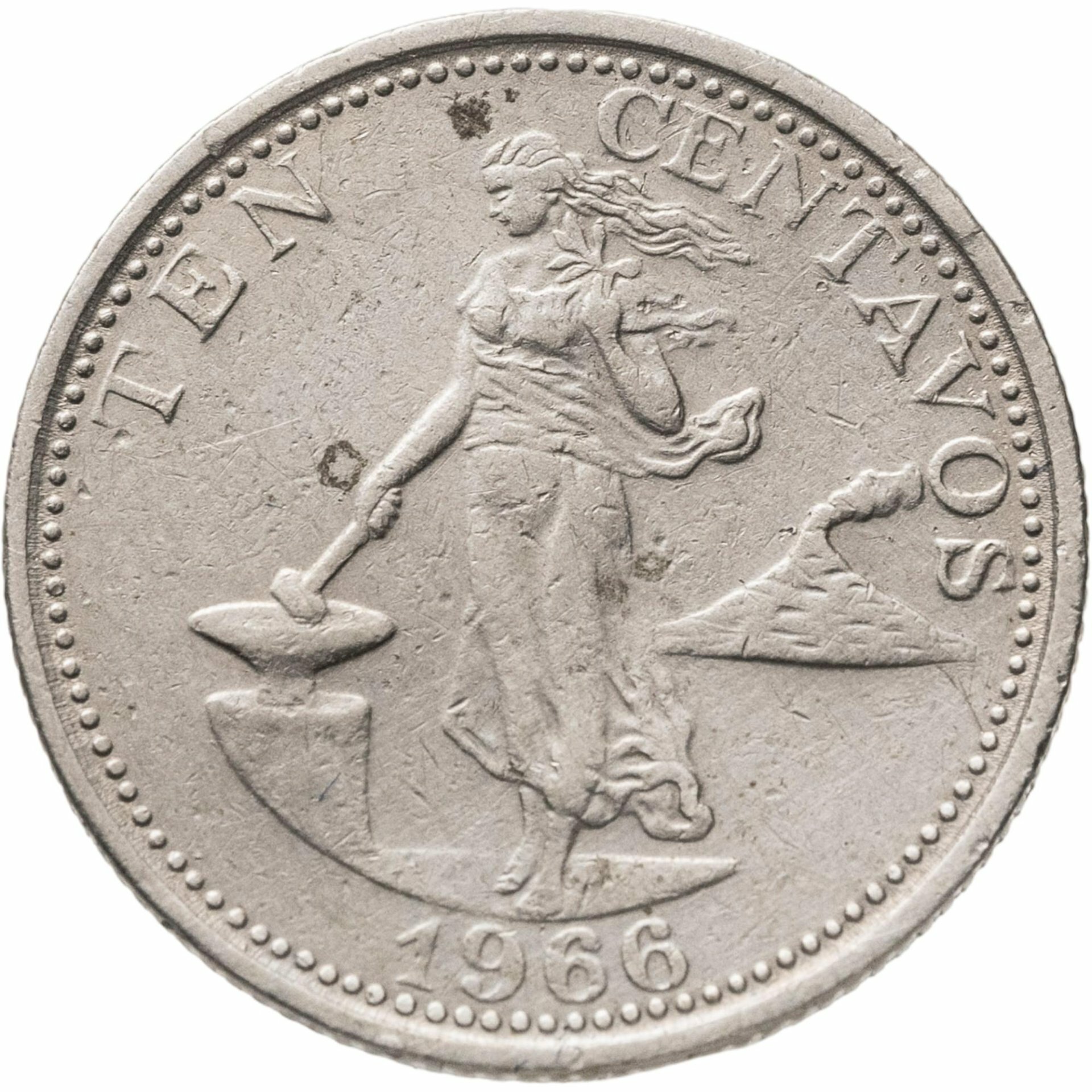 Филиппины 10 сентаво centavos 1966, МНЦ медь-никель-цинк, в сохранности VF
