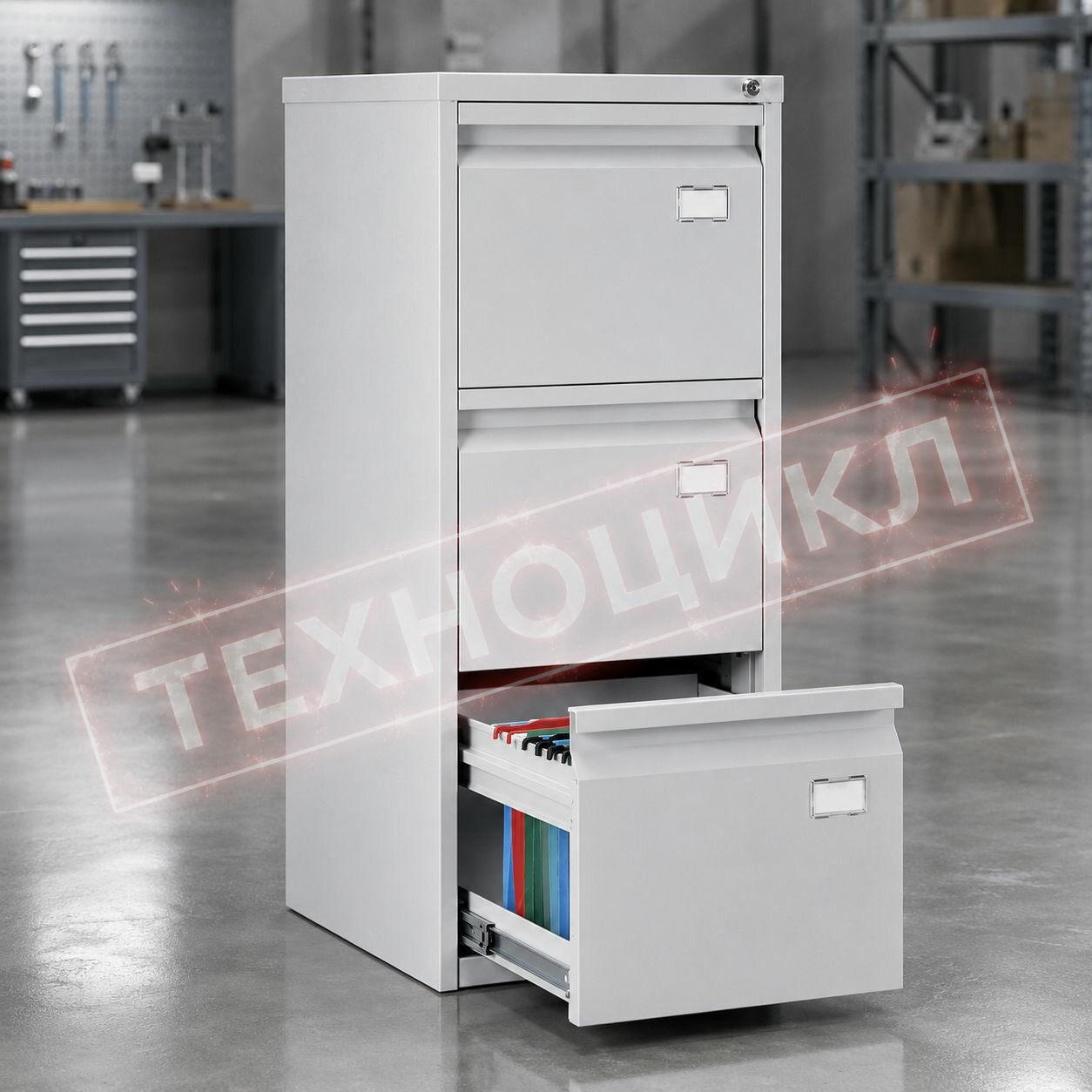 Шкаф картотечный металлический, ТЦК-КТ-073, 3 ящиков, 995х408х485 мм, серый RAL 7035, техноцикл