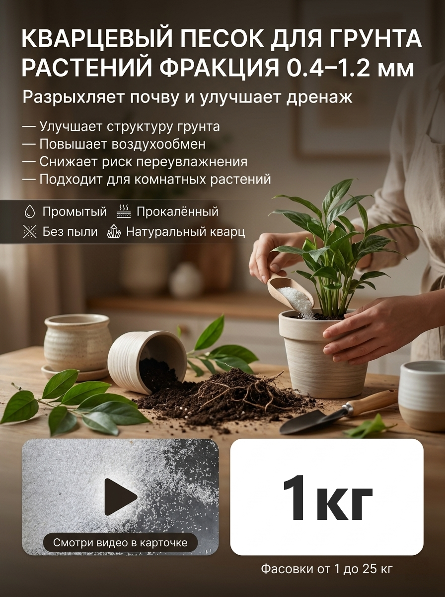 Дренаж для растений 0.4–1.2 мм, кварцевый песок, средняя фракция, добавка в грунт, чистый, без пыли, 1 кг