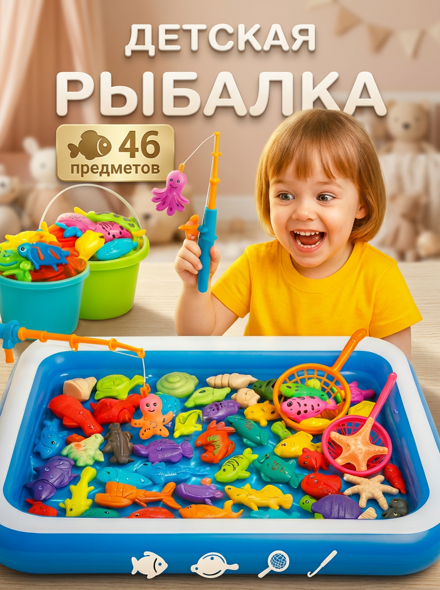 Детская магнитная рыбалка с бассейном, игровой набор 46 предметов (рыбки, сачки и удочки)