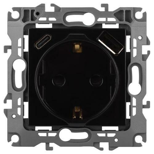Розетка Эра12 12-4108-06 16А 250В 2P+E с USB type-A+C 5В-3А защ. шторки черн. Эра Б0067746