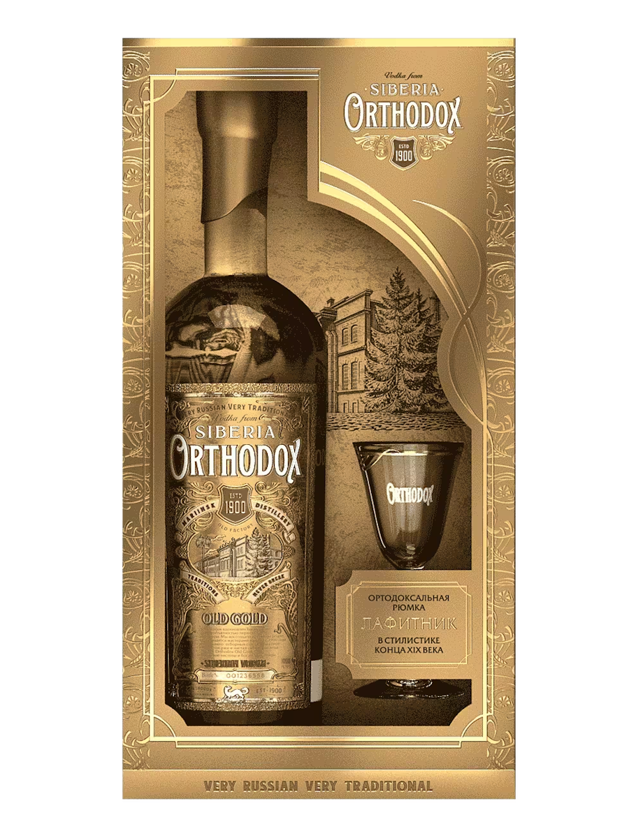 Водка Orthodox Old Gold 1 л в подарочной упаковке + лафитник