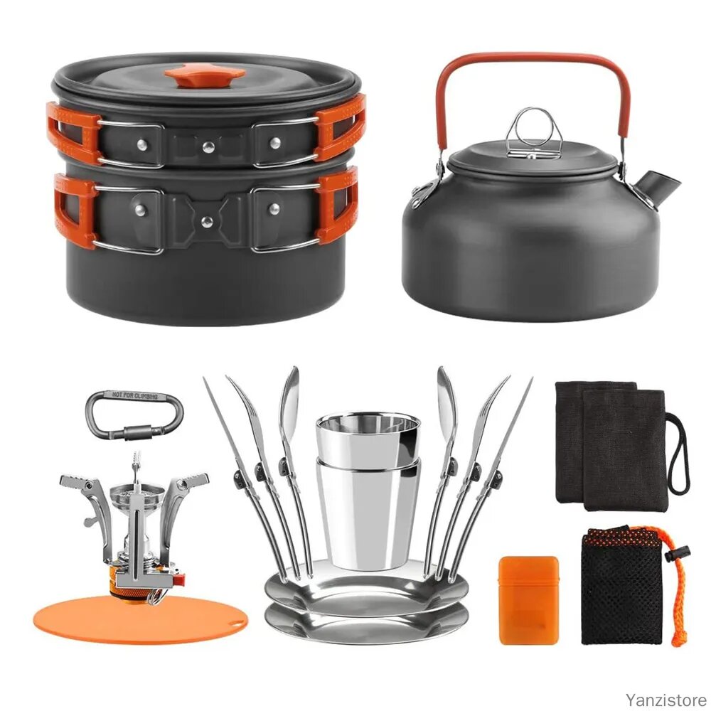 Набор посуды для походов Outdoor Camping Cookware Mess Kit с кастрюлей, сковородкой, чайником, плиткой, ложками, ножами, чашками, тарелками, доской для нарезки, карабином и сетью для хранения,