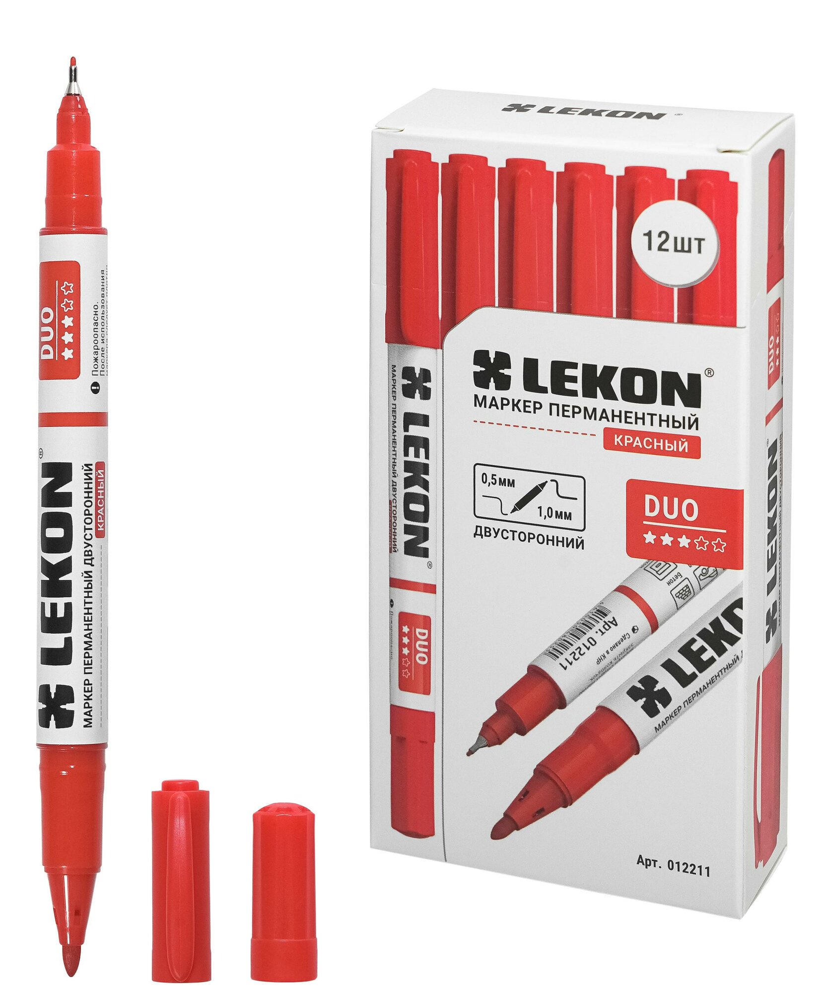 Маркер LEKON DUO 012211, перманентный, двухсторонний, красный, 12 штук