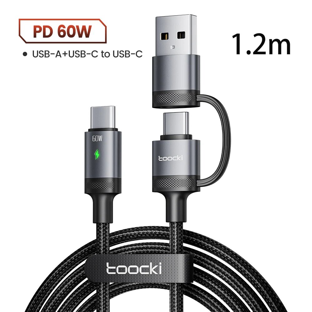 Toocki USB-A + USB-C to USB-C кабель, 1.2м, черный
