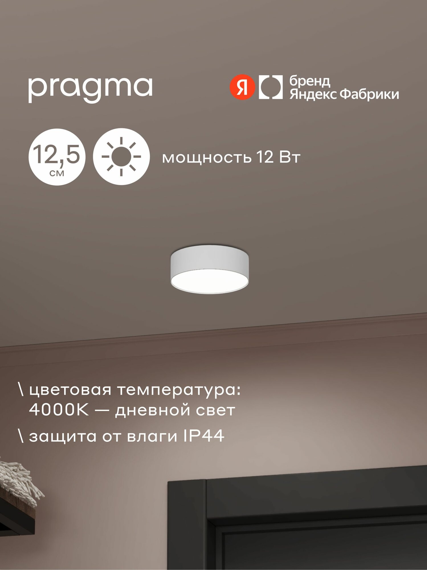 Pragma Tinsu Светильник потолочный светодиодный, 12 Вт, круглый, 125 мм, IP44, белый, нейтральный свет, 4000K