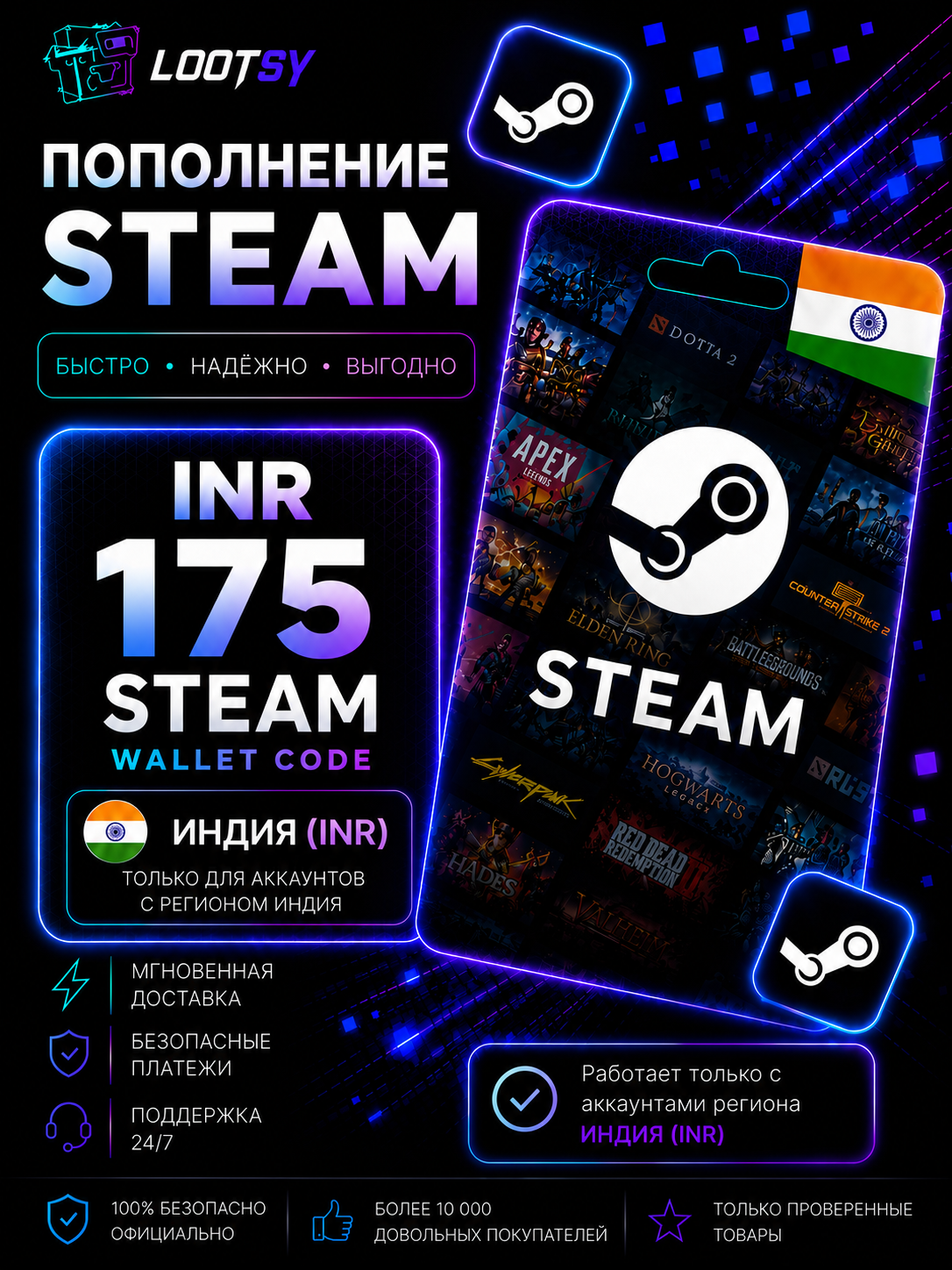 Подарочная карта Steam Индия 175 INR | Steam Wallet TRY | Пополнение индийского аккаунта