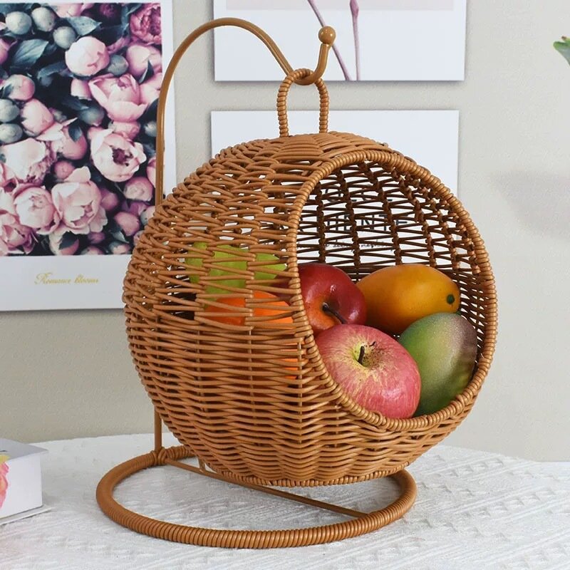 Корзина для фруктов из имитации ротанга, круглая подвесная с металлической стойкой, для кухни и гостиной