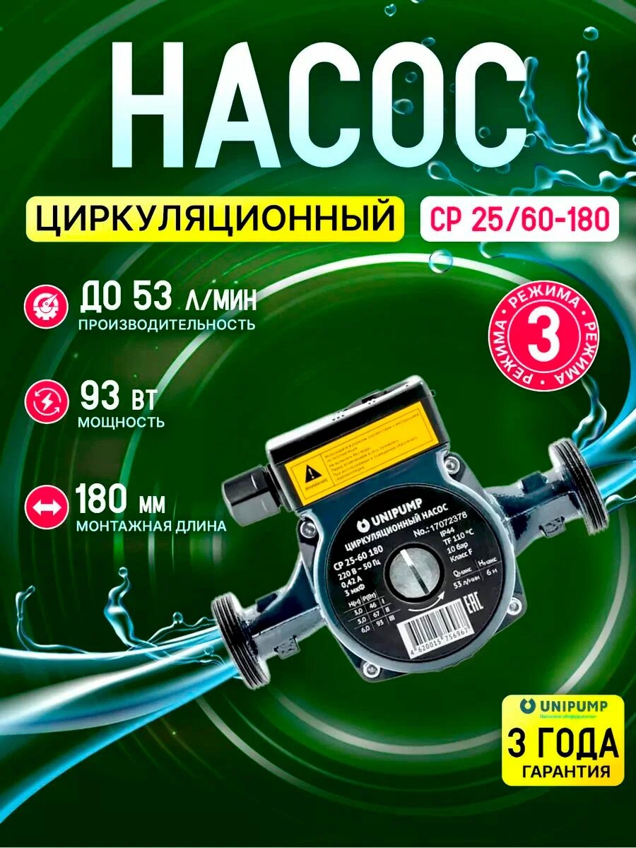 СP 25-60 180 Насос циркуляционный для отопления Unipump с гайками