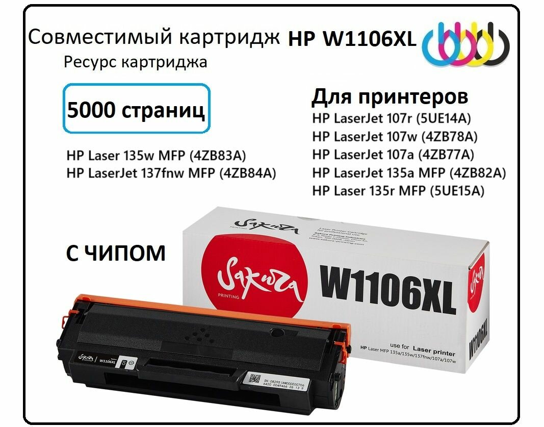 Картридж W1106XL / W1106A / 106a для HP Laser 107r 107a 107w 135a 135r 135w 137fnw с чипом 5000 страниц