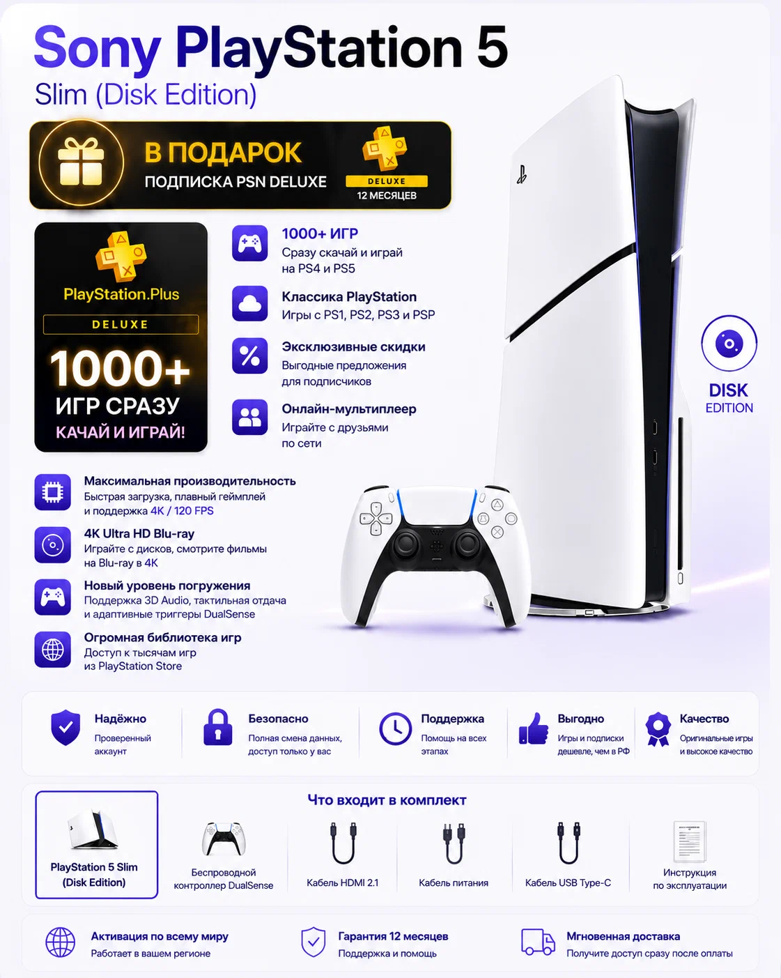 Игровая приставка Sony PlayStation 5 PS5 Slim без игр, белый Slim 1Tb, Disk Edition (с дисководом)