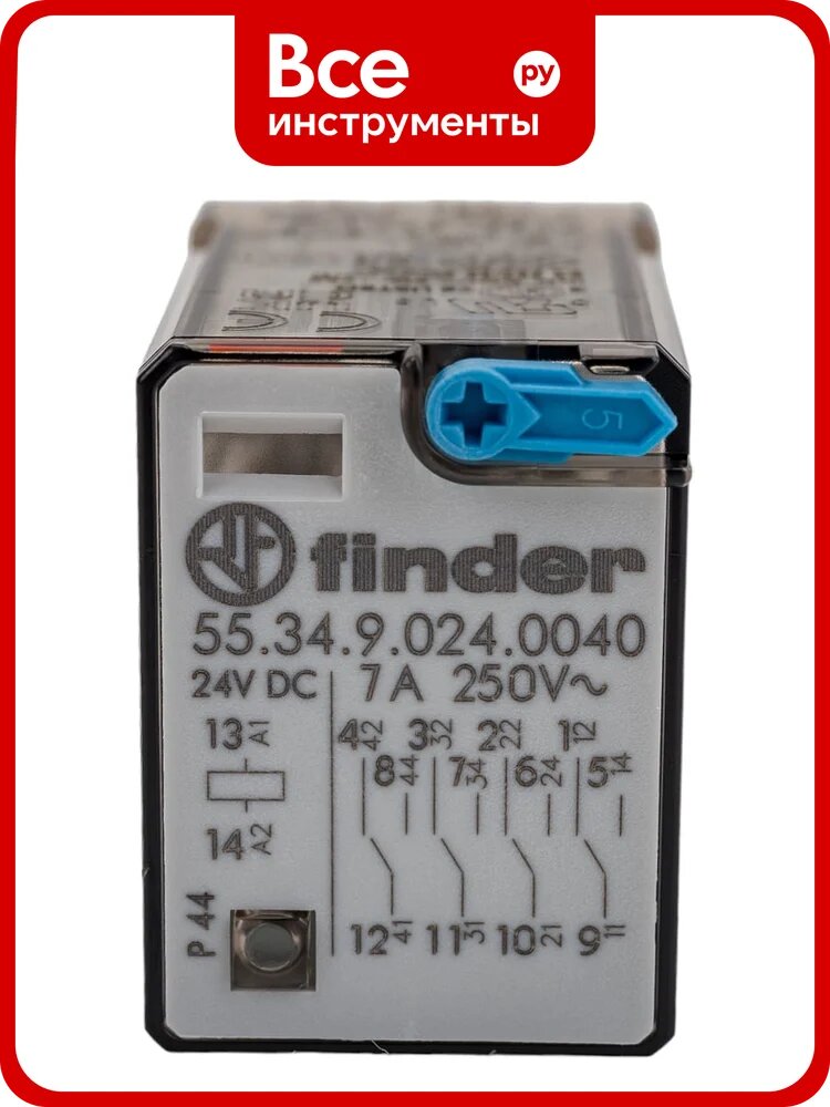 Промежуточное реле Finder 4 перекидных контактов 7А 24В DC, группа контактов CO, монтаж в розетку, степень защиты