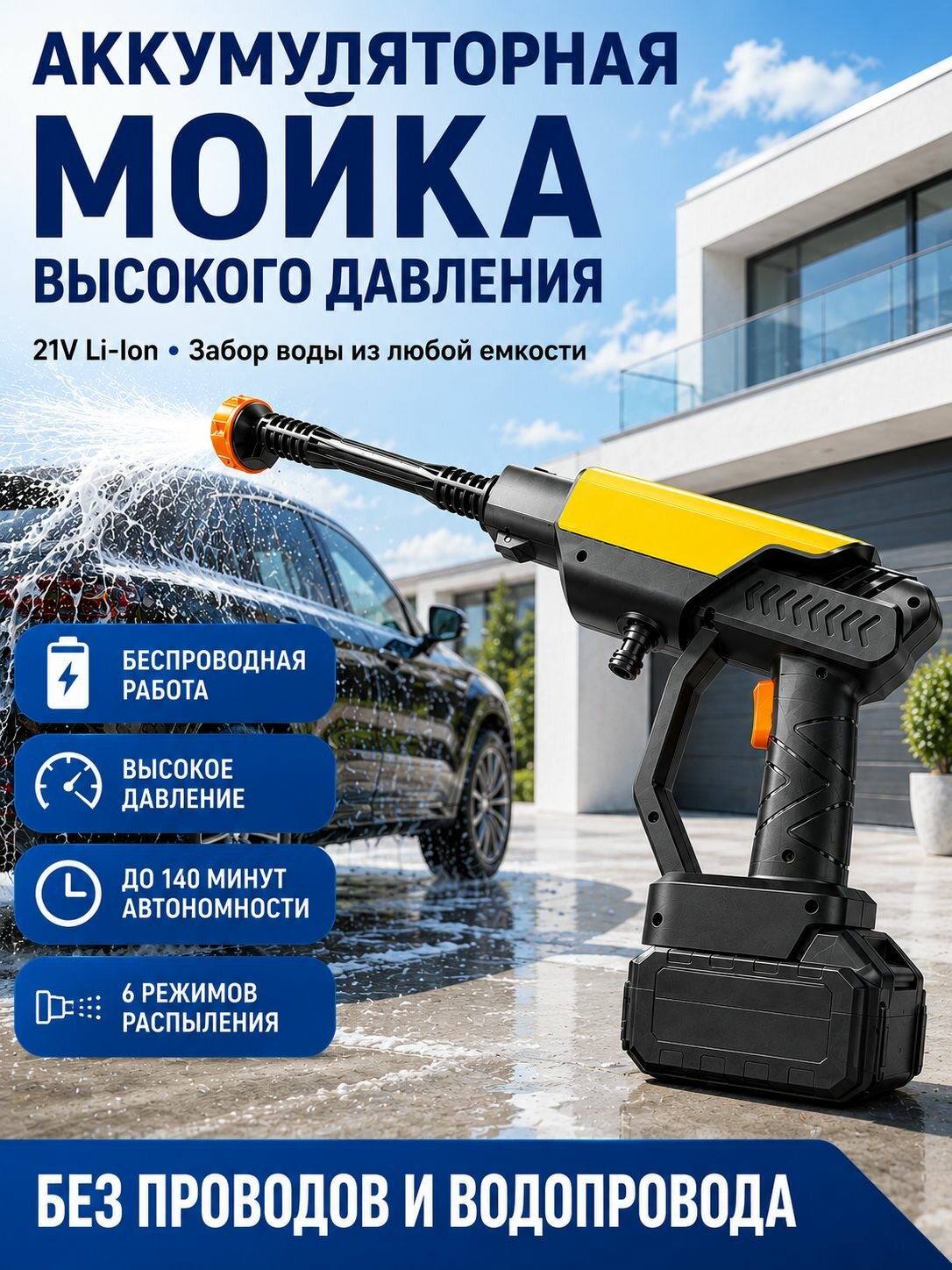 Минимойка высокого давления, портативная, с пенообразователем
