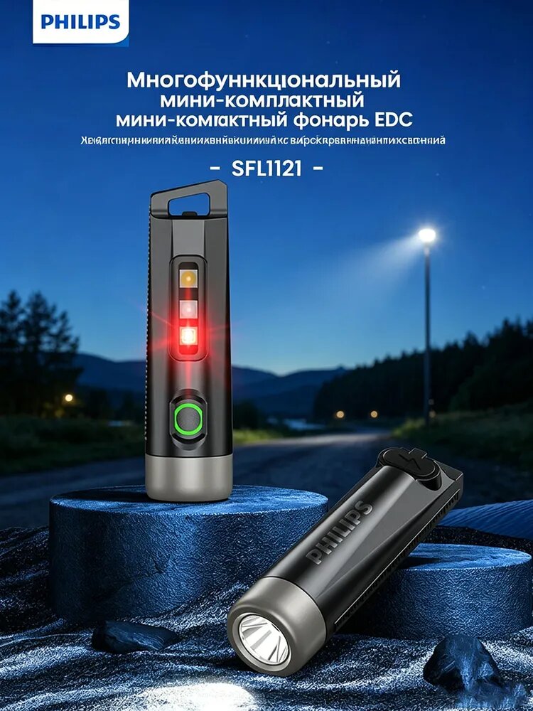 Philips Фонарь-прожектор SFL1121 Мини-компактный EDC с 5 режимами, влагозащитой IPX4, черный матовый