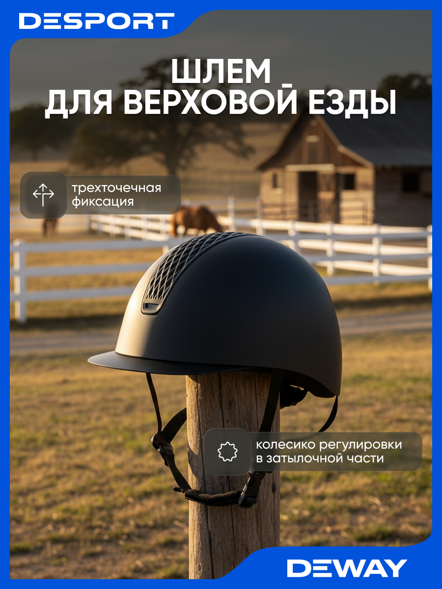Шлем для верховой езды черный Deway 500, с козырьком, размер 57-59