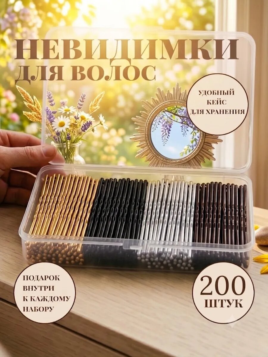 Невидимки для волос, металл, 200шт, в кейсе, комплект из 4 цветов