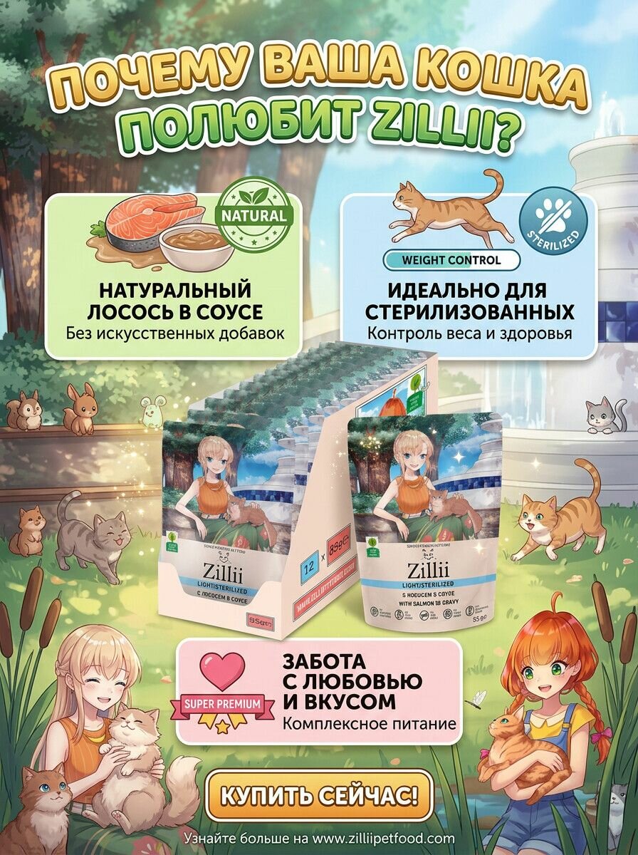 Корм для кошек влажный стерилизованных ZILLII (Зиллии) Sterilized/Light (пауч) 12шт - 85г Лосось в соусе