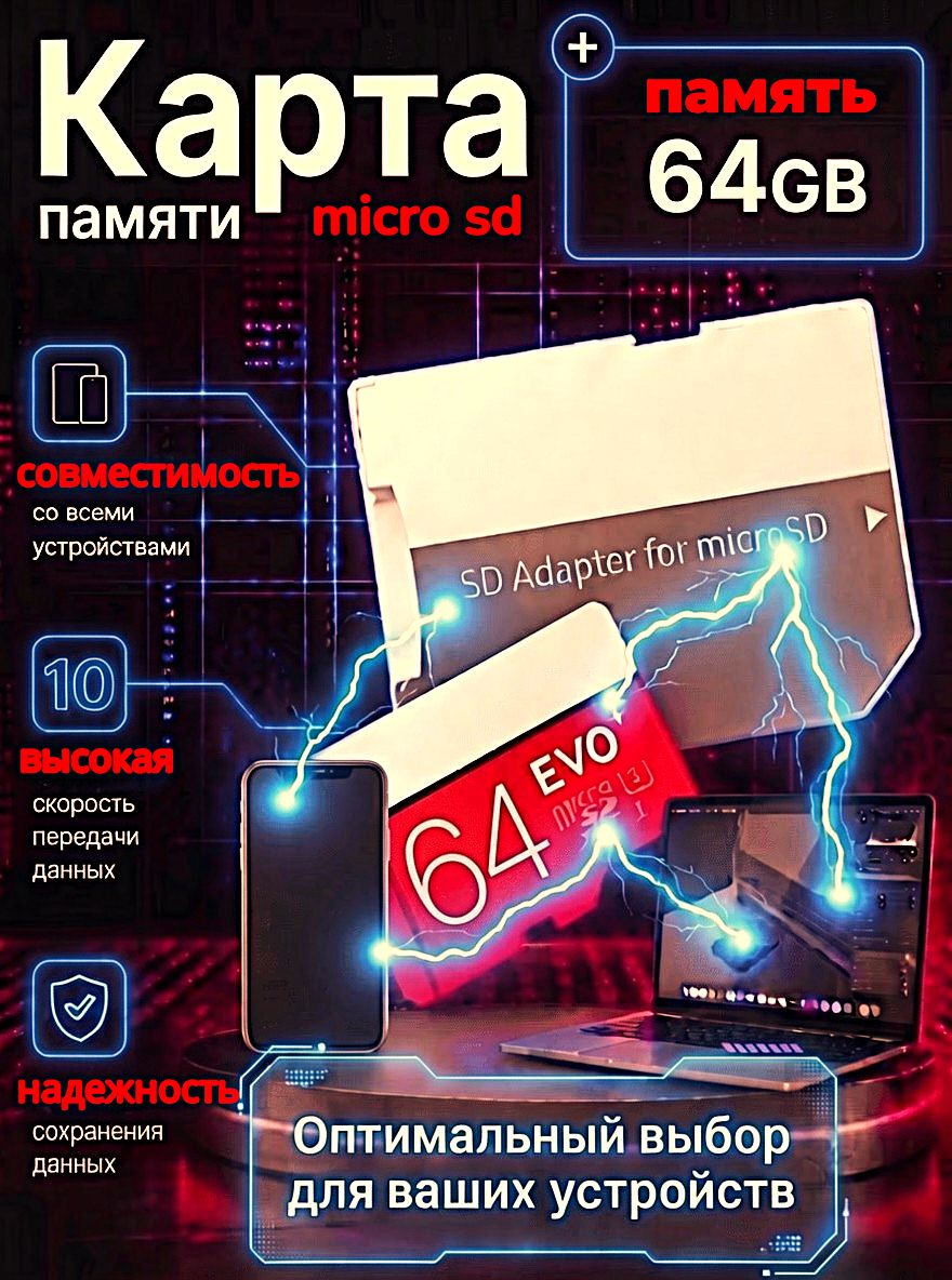 Карта памяти Micro SD EVO Plus 64 ГБ class 10