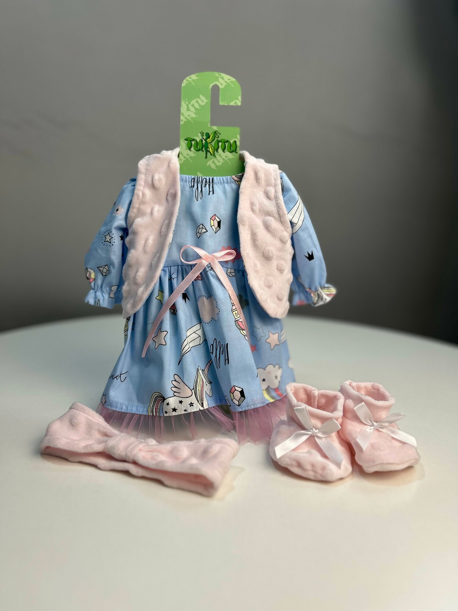 Комплект одежды для пупсов 47 см "Волшебные единорожки": платье, штанишки, повязка-бант, арт. 90