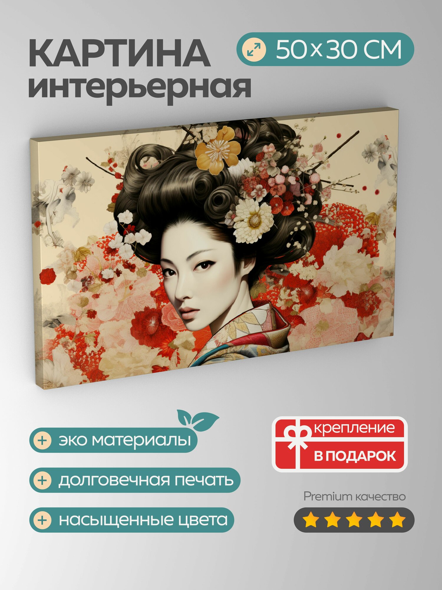 Картина на холсте интерьерная 50х30 см, гейша, кимоно, цветочные узоры, аксессуары для волос, восточный эстетизм