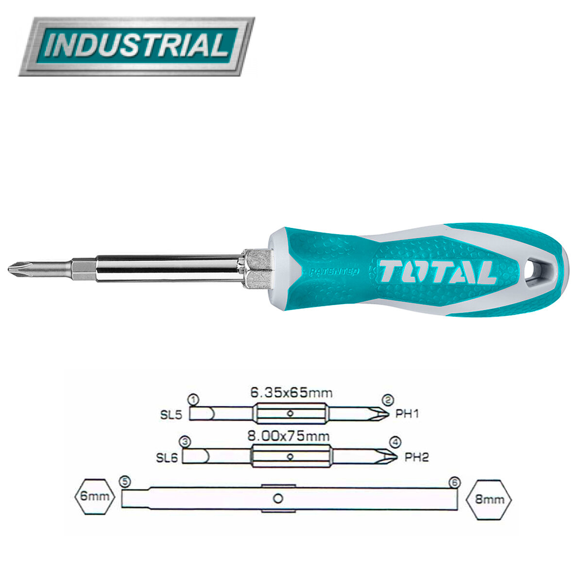Отвертка комбинированная 6 в 1 с магнитным наконечником TOTAL THT2506076