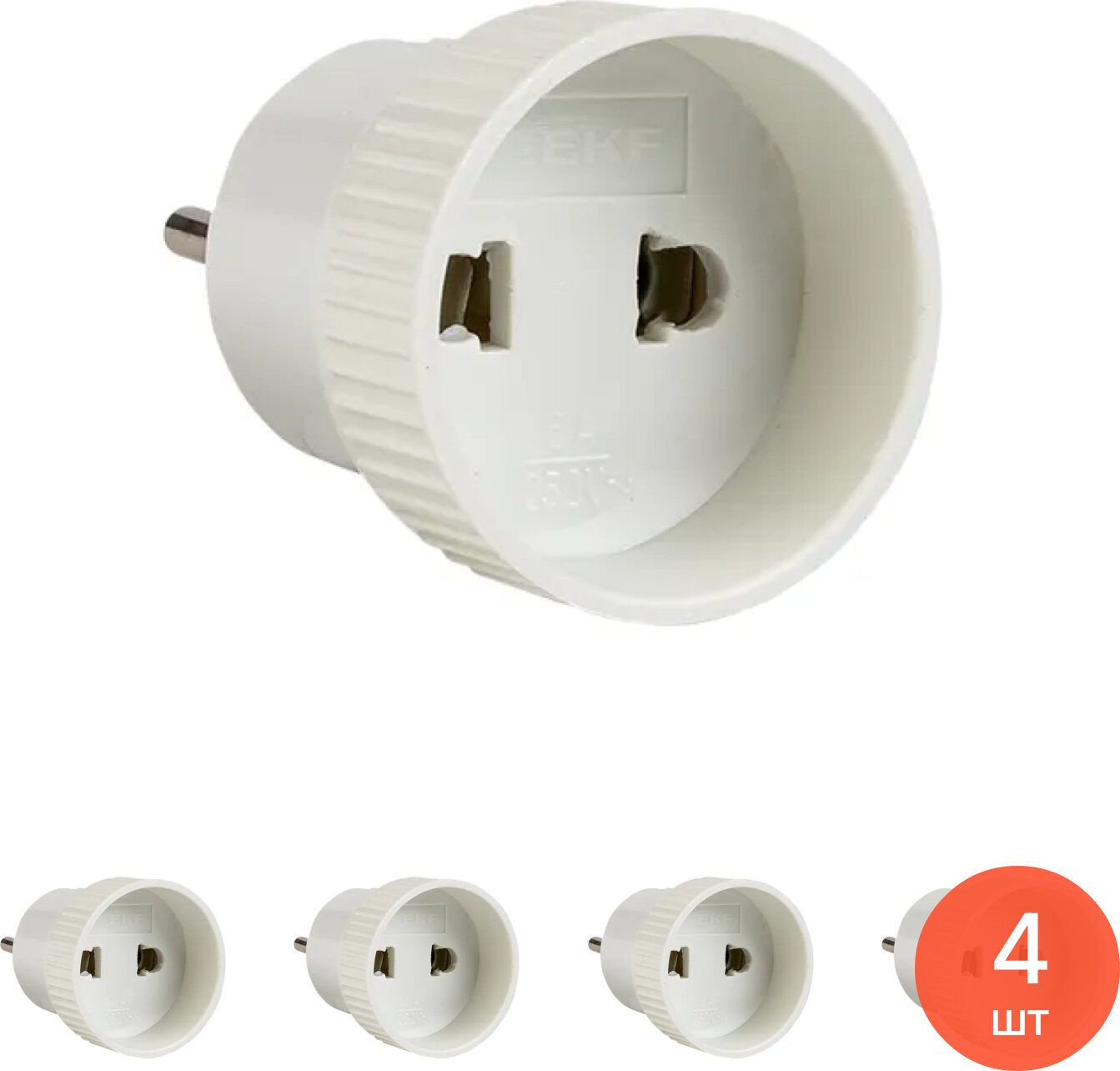 Переходник для розетки EKF / ЕКФ PROxima без заземления, 6А 250В, белый / адаптер (комплект из 4 шт)