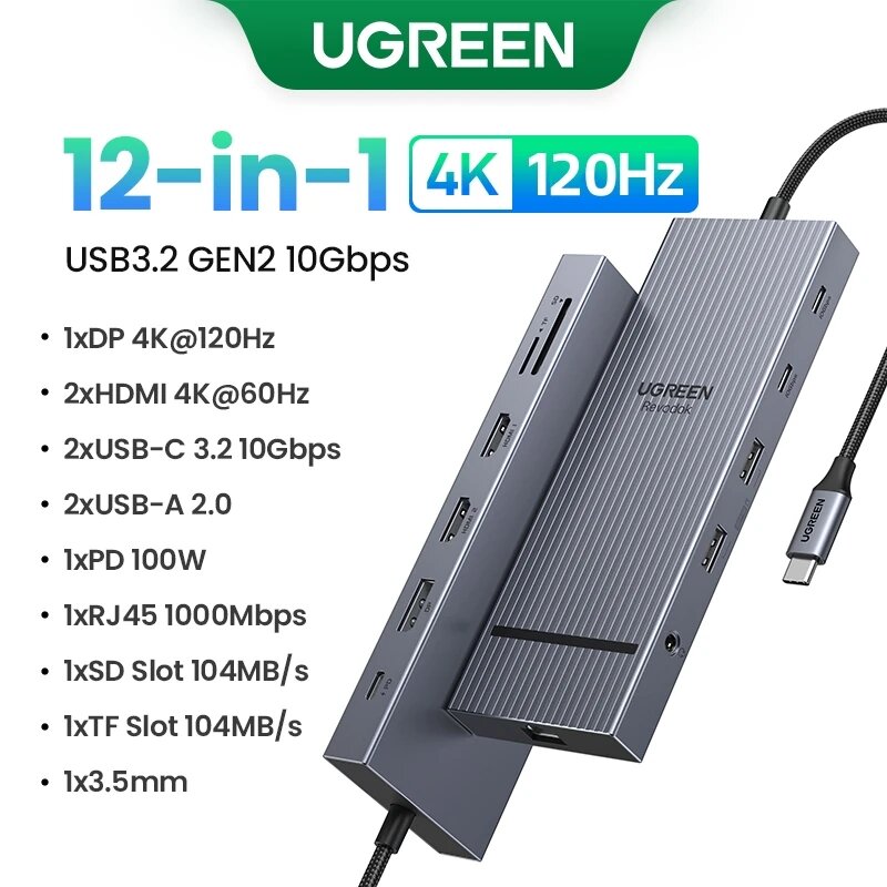 UGREEN USB C HUB 4K HDMI адаптер 10 портов 12-in-1 2HDMI 1DP