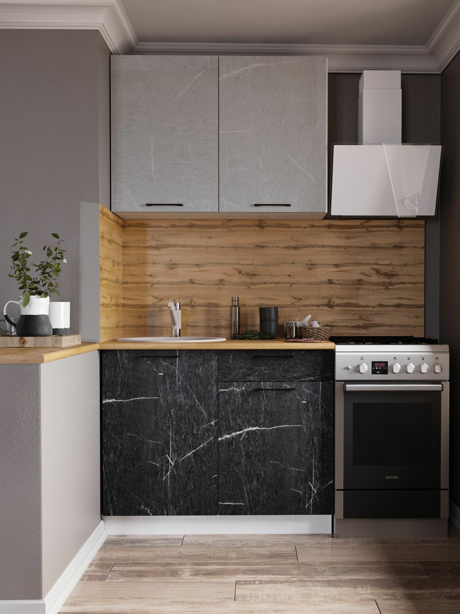 Кухонный гарнитур Марбл МДФ 1м мрамор лайт/дарк без столешницы