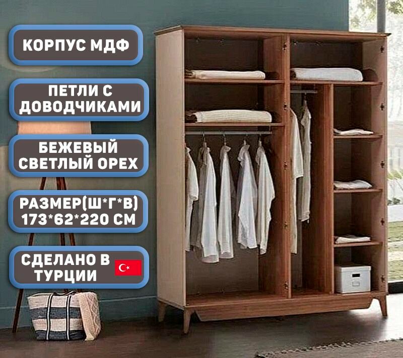 Шкаф 4-дверный, 6 полок, 2 штанги для вешалок, с зеркалом, Сильва цвет Бежевый/Светлый Орех, Турция