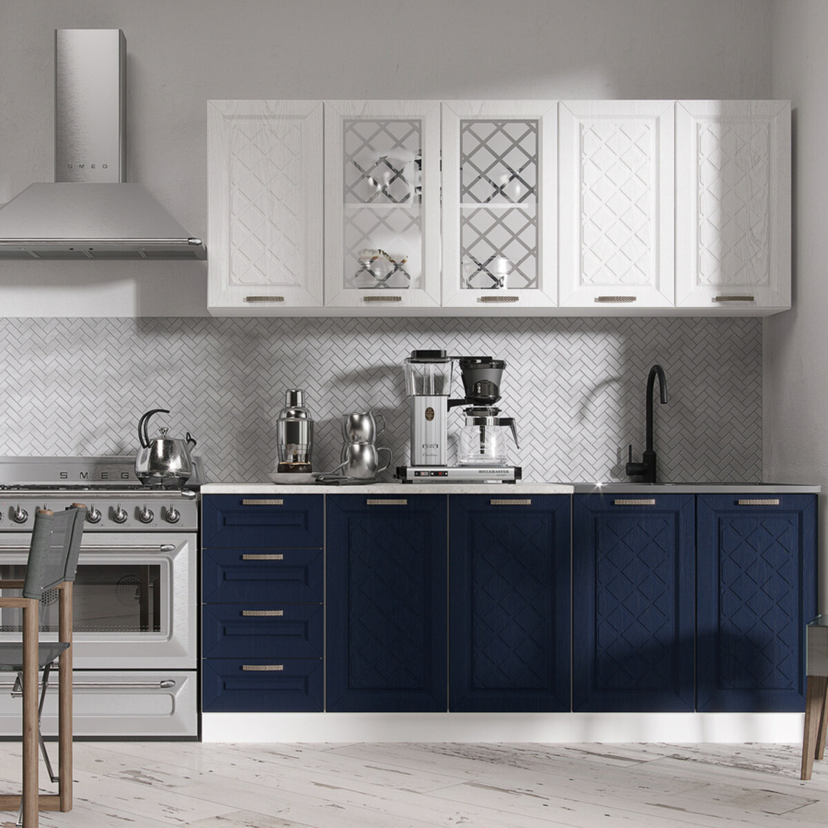 Кухонный гарнитур, кухня, готовый комплект Агава 2 м Акация белая/Сапфир со столешницей под врезную мойку