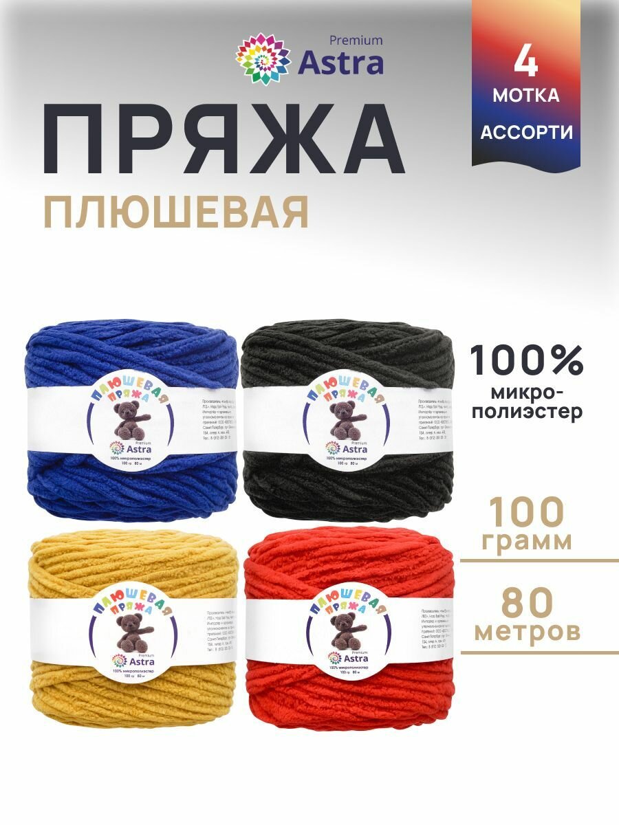 Пряжа для вязания набор 4 цвета по 100г 80м 'Плюшевая' ассорти №4, микрополиэстер, Astra Premium