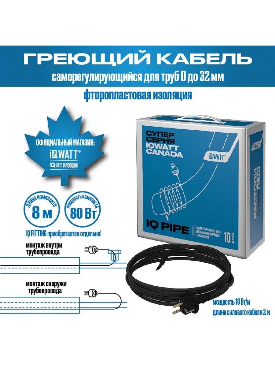8м (120Вт) Набор для обогрева труб IQWATT IQ PIPE 15 Вт/м