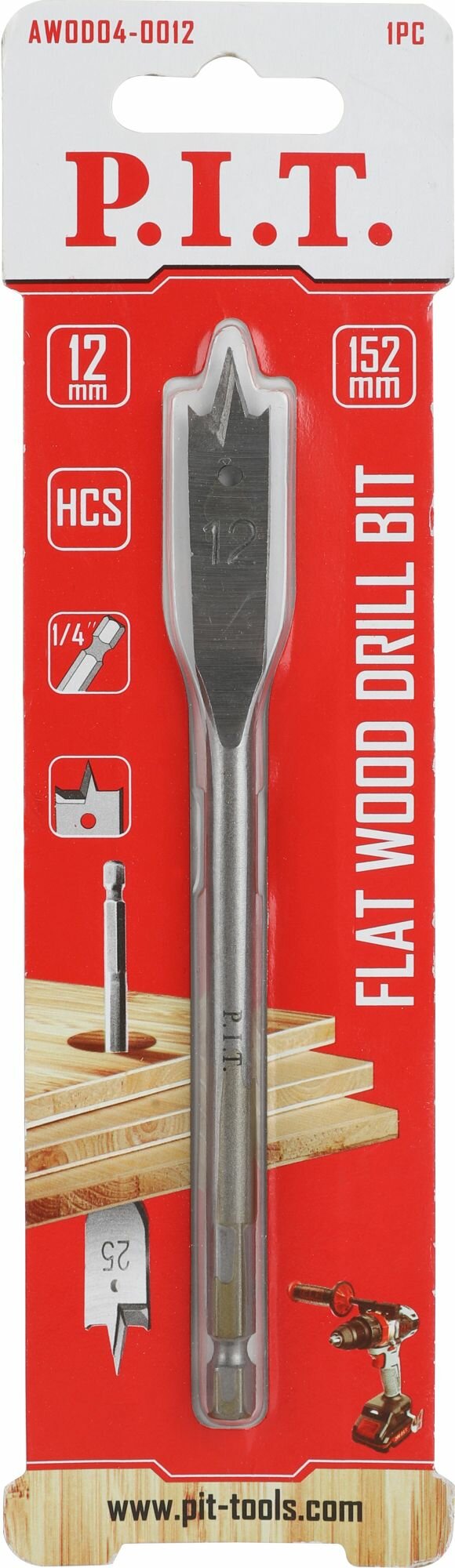 Сверло по дереву перовое P.I.T. AWOD04-0012, хвостовик HEX 1/4", d: 12 мм