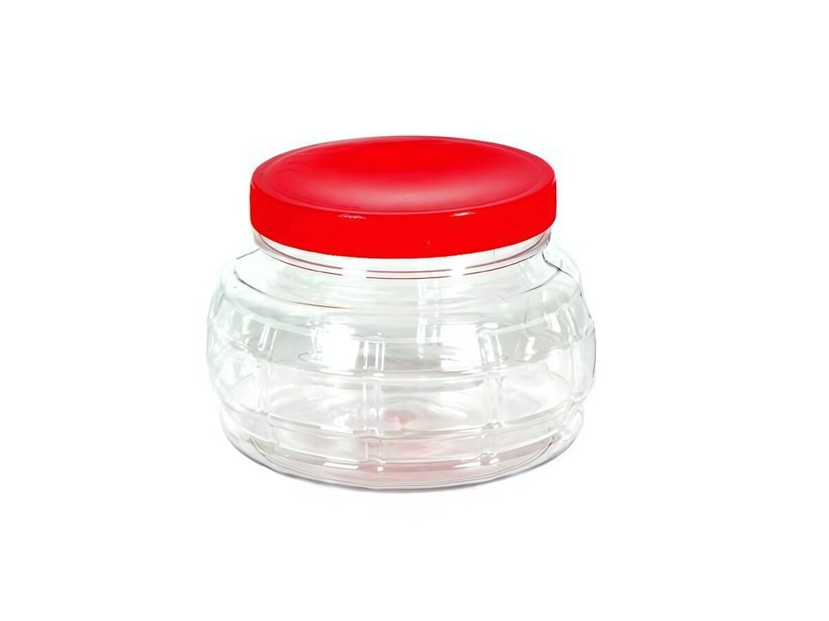 Банка ПЭТ 1л «Бочонок» с красной крышкой, прозрачная для хранения продуктов