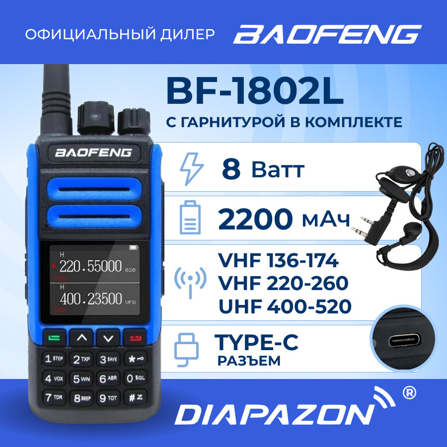 Рация BAOFENG BF-1802L (BF-H7) 8 Ватт, TRI BAND, TYPE-C, с гарнитурой в комплекте
