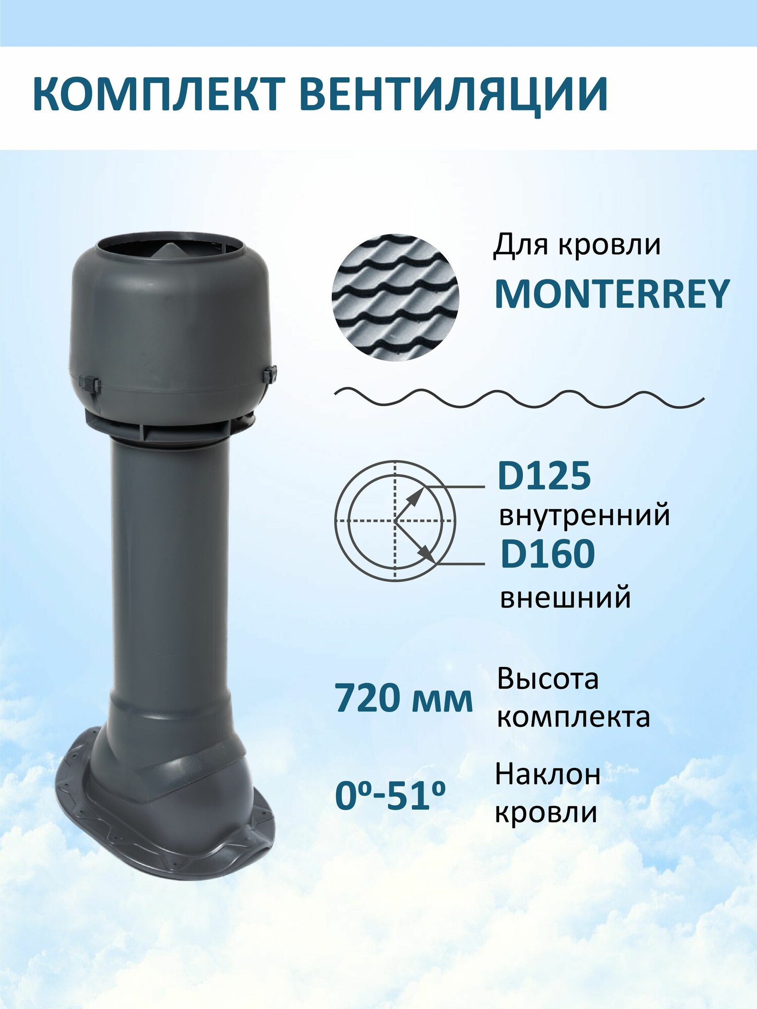 Вент. выход утепленный c колпаком D160 высотой Н-700, проходной элемент для металлочерепицы Monterrey