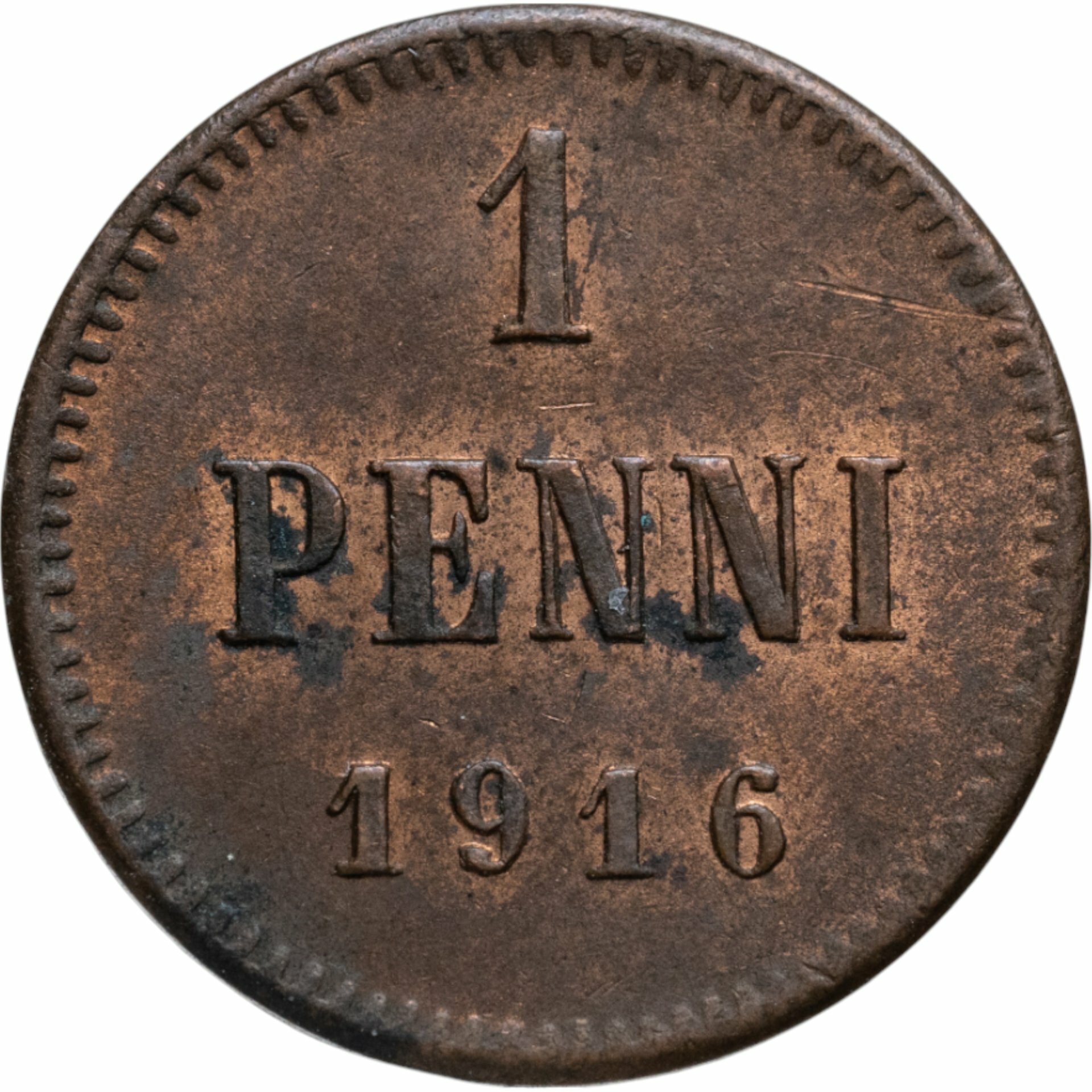 1 пенни penni 1916 Российская Финляндия, Медь, в сохранности UNC