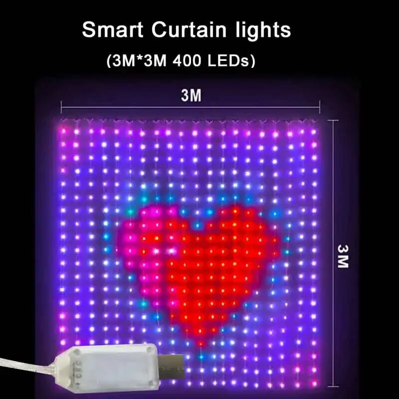 RGB штора-гирлянда 3x3м, 400 LED, USB
