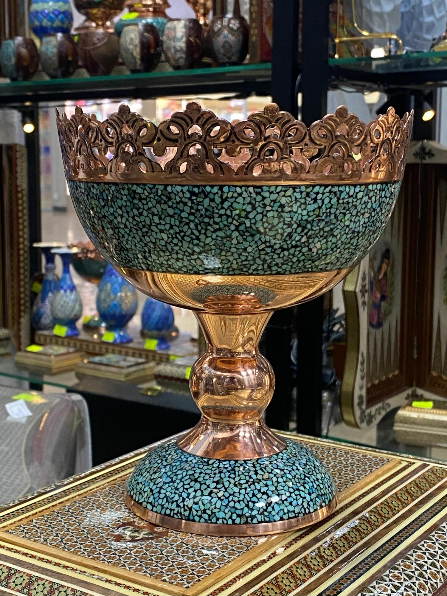 Фруктовница Персидский базар Фирузе, ручная работа, бирюзовая, диаметр 18см