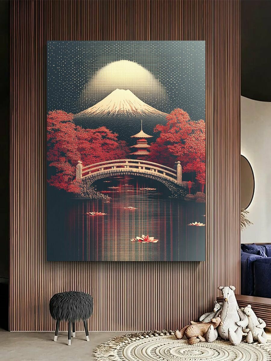 Картина интерьерная на стену - "Пейзаж в японском стиле / гора Фудзи и сакура" , 60х80 см.