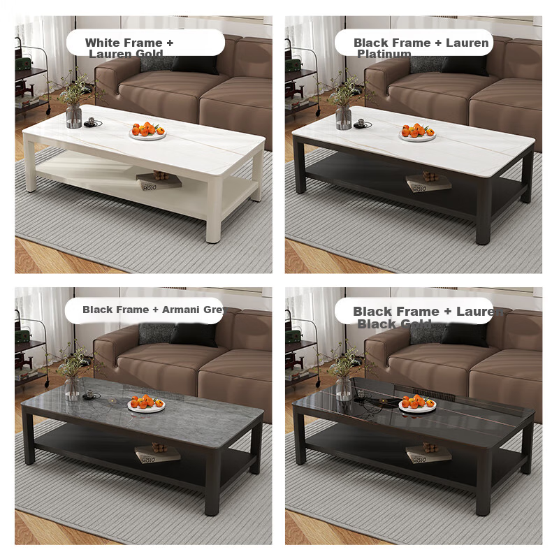 FAN SHE Modern Minimalist Living Room Coffee Table with Tempered Glass and Marble Pattern Double-layer Storage Office Tea Table