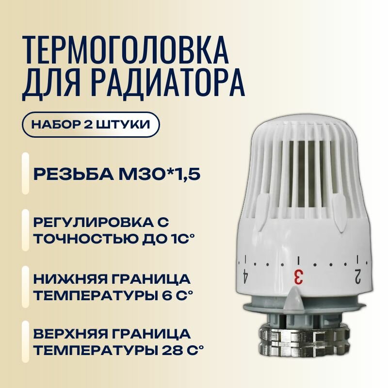 Головка термостатическая жидкостная ZEISSLER TH-D-0101, M30 1.5, для радиатора отопления, 6 28 C , 2 шт