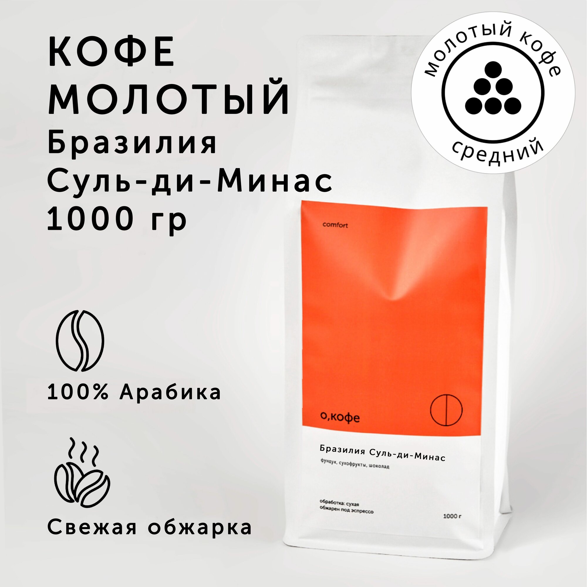 Кофе молотый О, кофе Бразилия Суль-ди-Минас 1 кг, средний помол