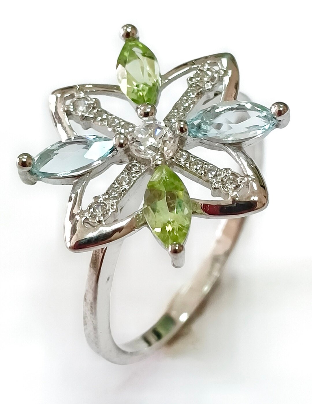 Перстень, серебро, 925 проба, родирование, топаз, фианит, хризолит